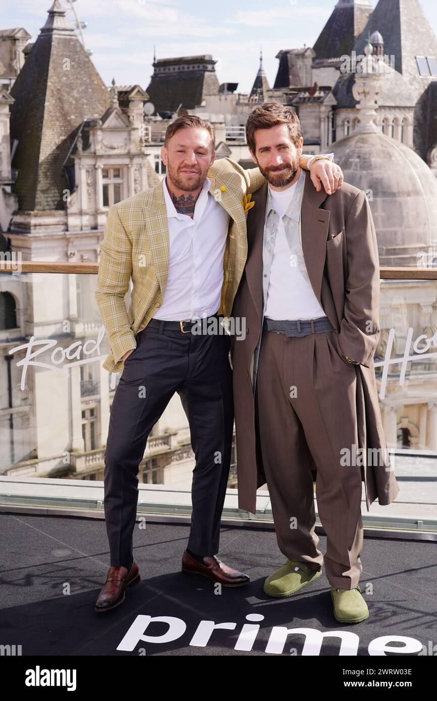Conor McGregor (left) and Jake Gyllenhaal at a photocall for Road House ...