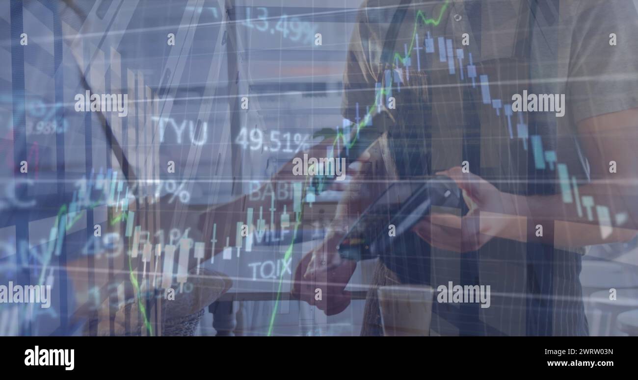 Image of financial data processing and stock market over diverse people ...