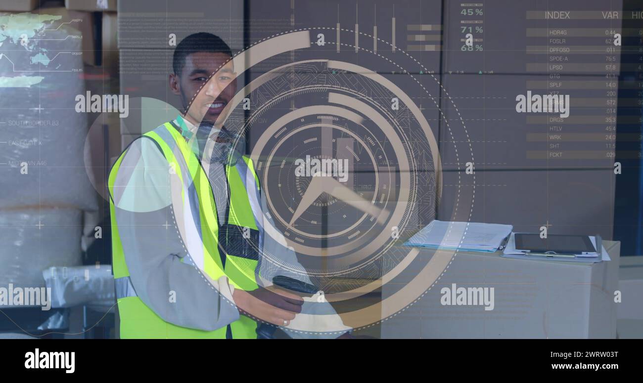 Image of clock and data processing over african american male worker ...