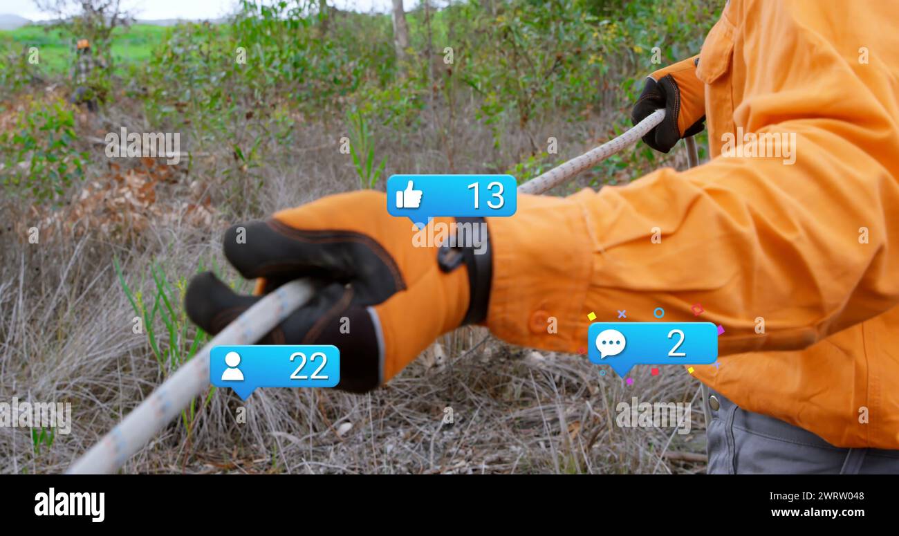 Image of falling icons over lumberjack Stock Photo - Alamy