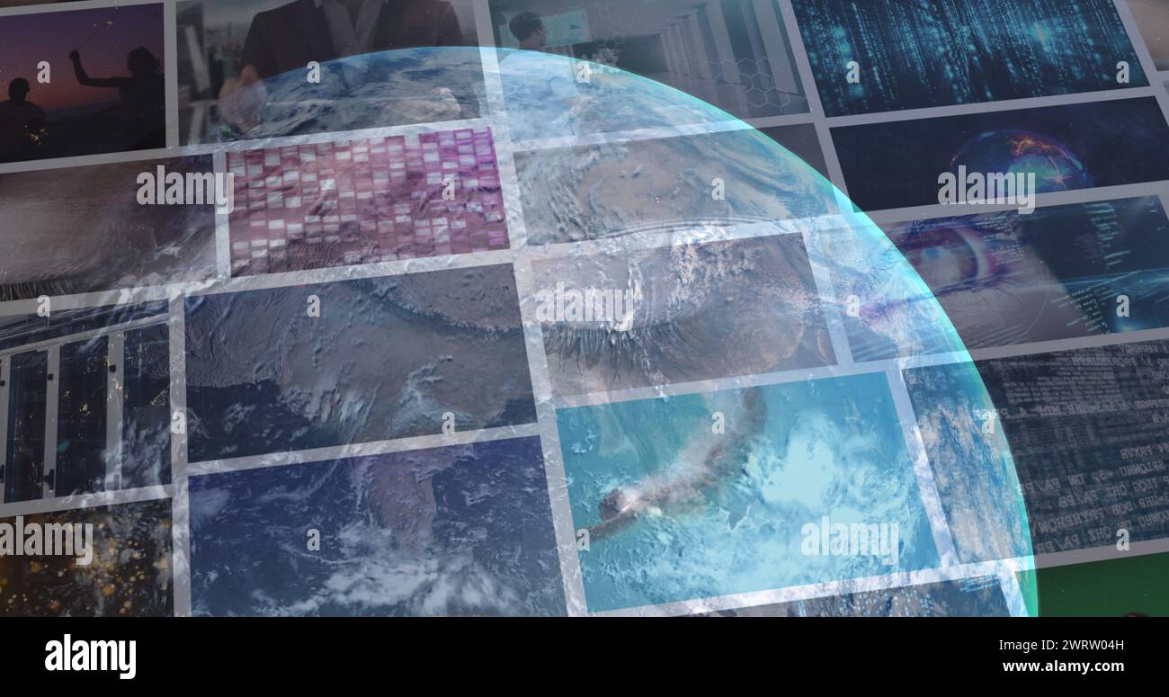 Image of multiple different images over globe Stock Photo - Alamy