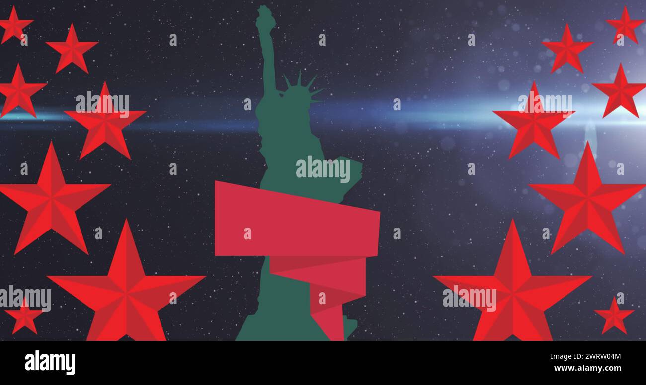 Image of red stars and statue of liberty silhouette on black background ...