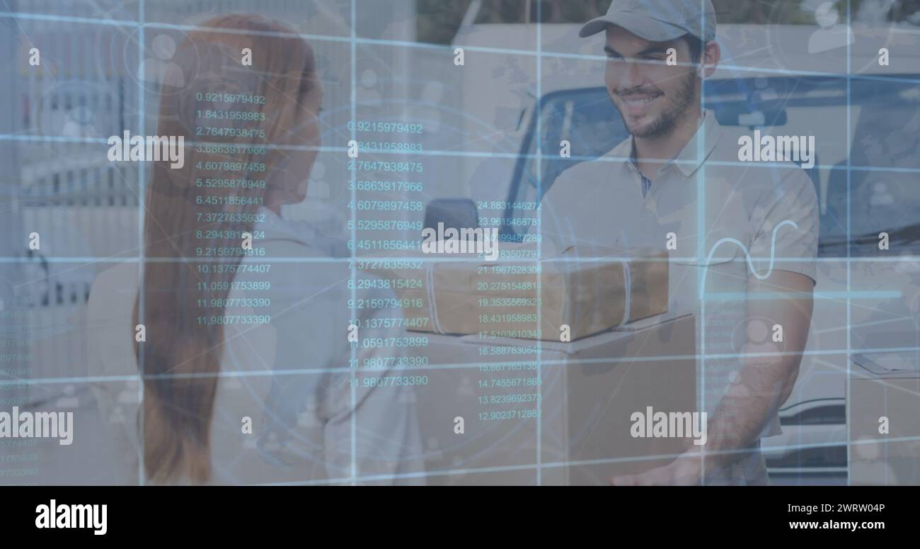 Image of data processing over caucasian male deliverer with boxes Stock ...