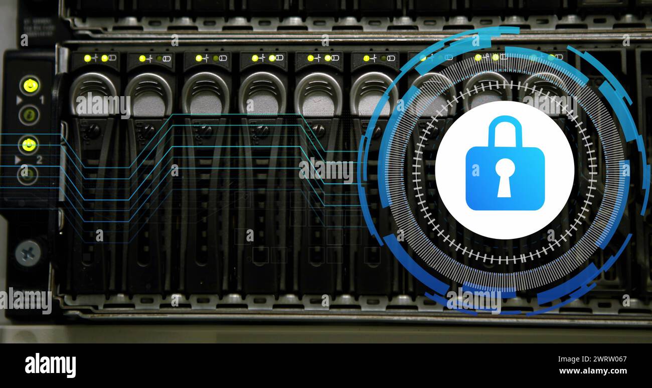 Image of data processing with padlock icon over server room Stock Photo - Alamy