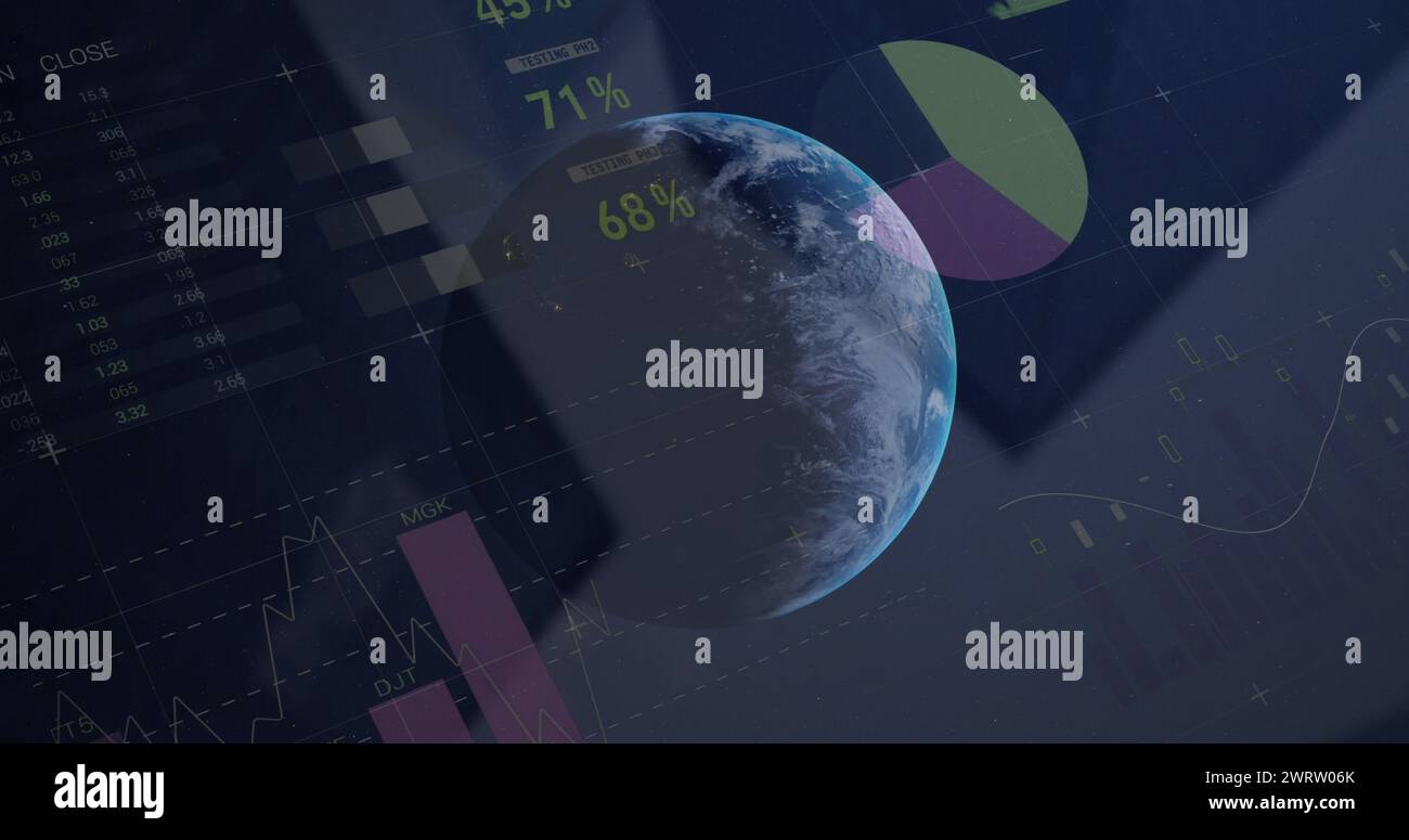 Image of globe rotating over graphs on dark background Stock Photo - Alamy