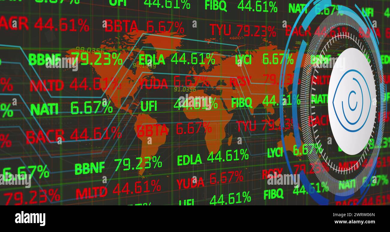 Image of data processing with eye icon and world map over gray ...