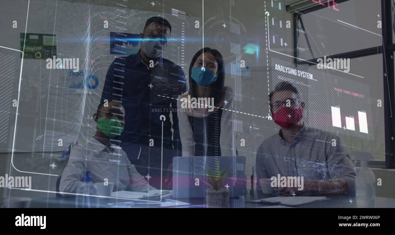 Image of data processing over diverse business people wearing face ...