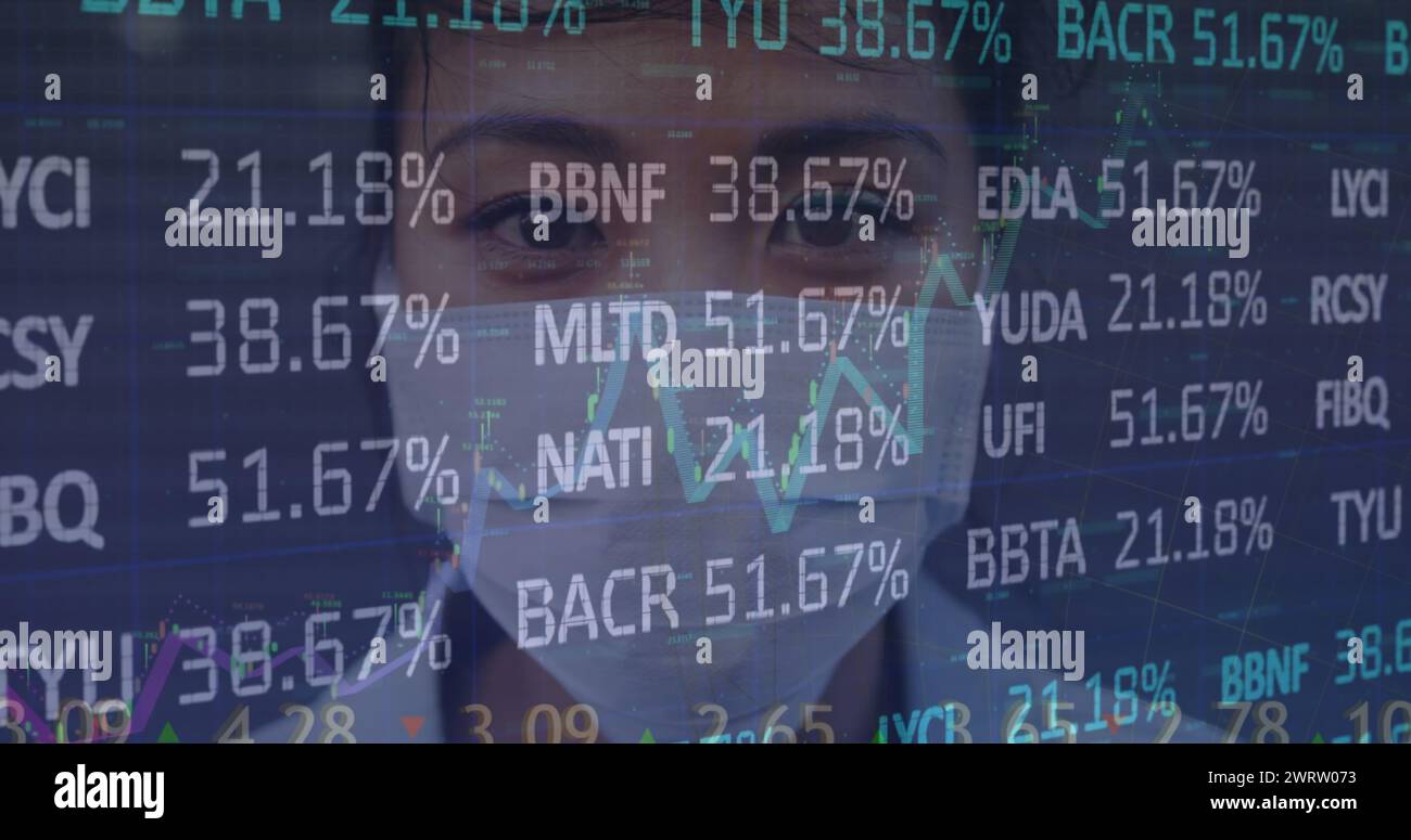 Image of stock market and data processing over asian businesswoman ...