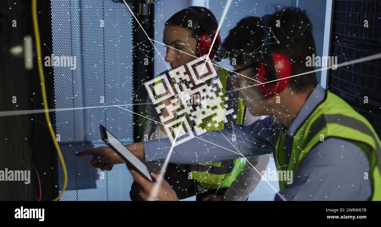 Image of data processing and qr code over diverse workers in server room Stock Photo - Alamy