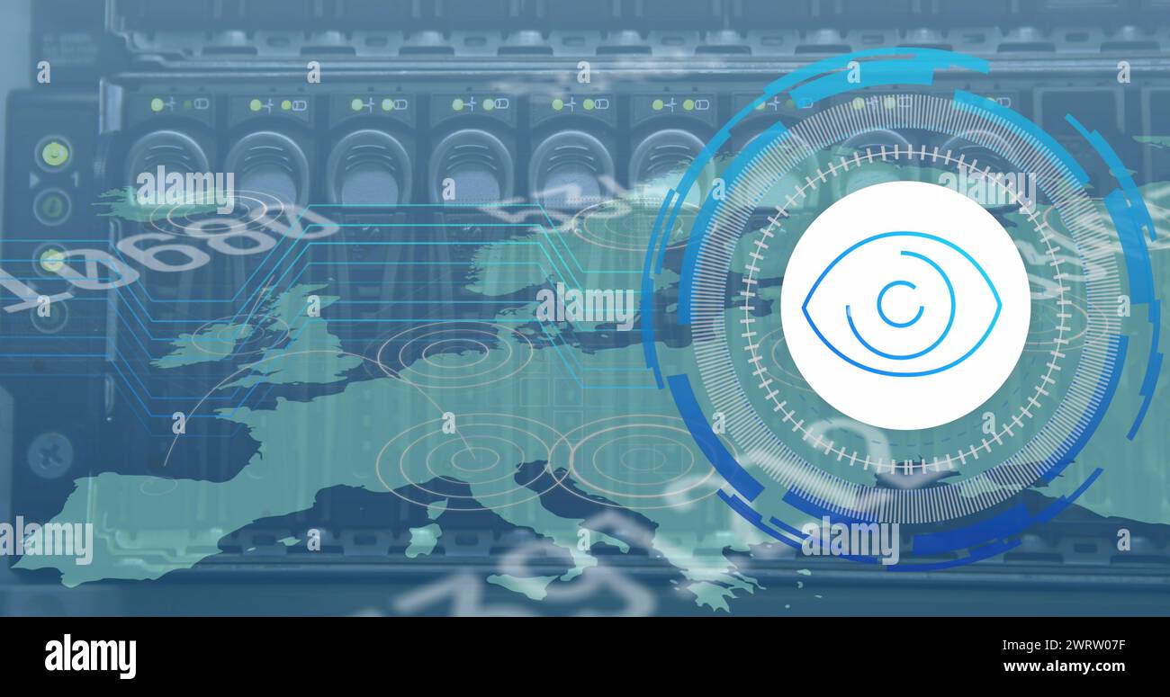 Image of data processing with eye icon and world map over server room Stock Photo - Alamy