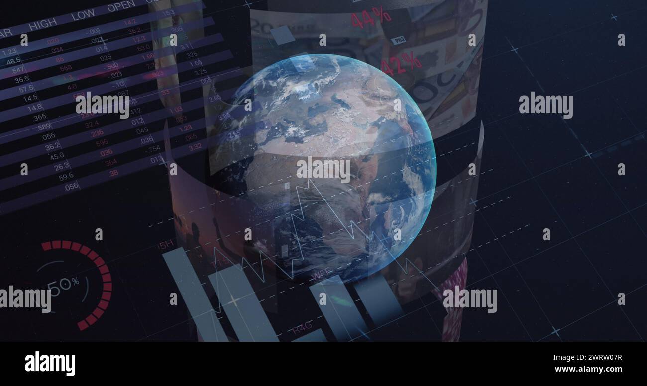 Image of globe rotating over graphs and data on screens Stock Photo - Alamy