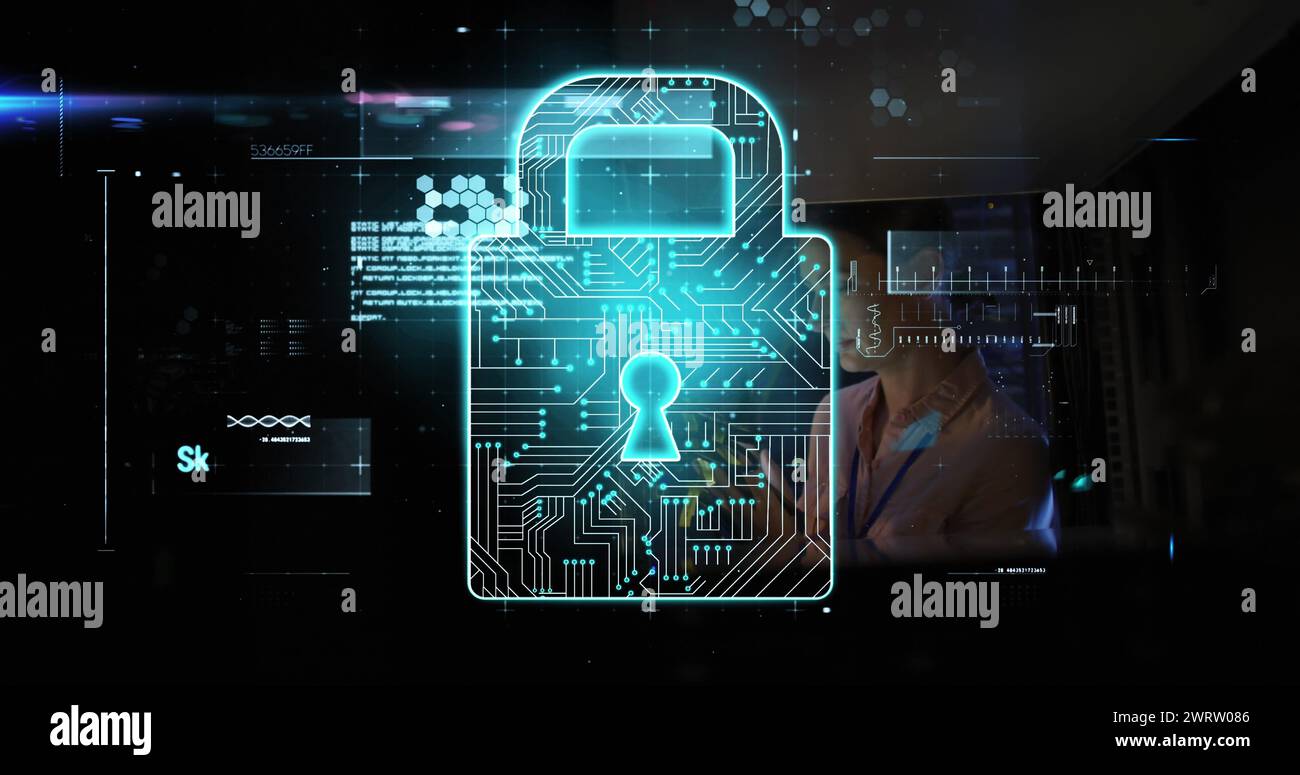Image of data processing and padlock over caucasian female worker in server room Stock Photo - Alamy