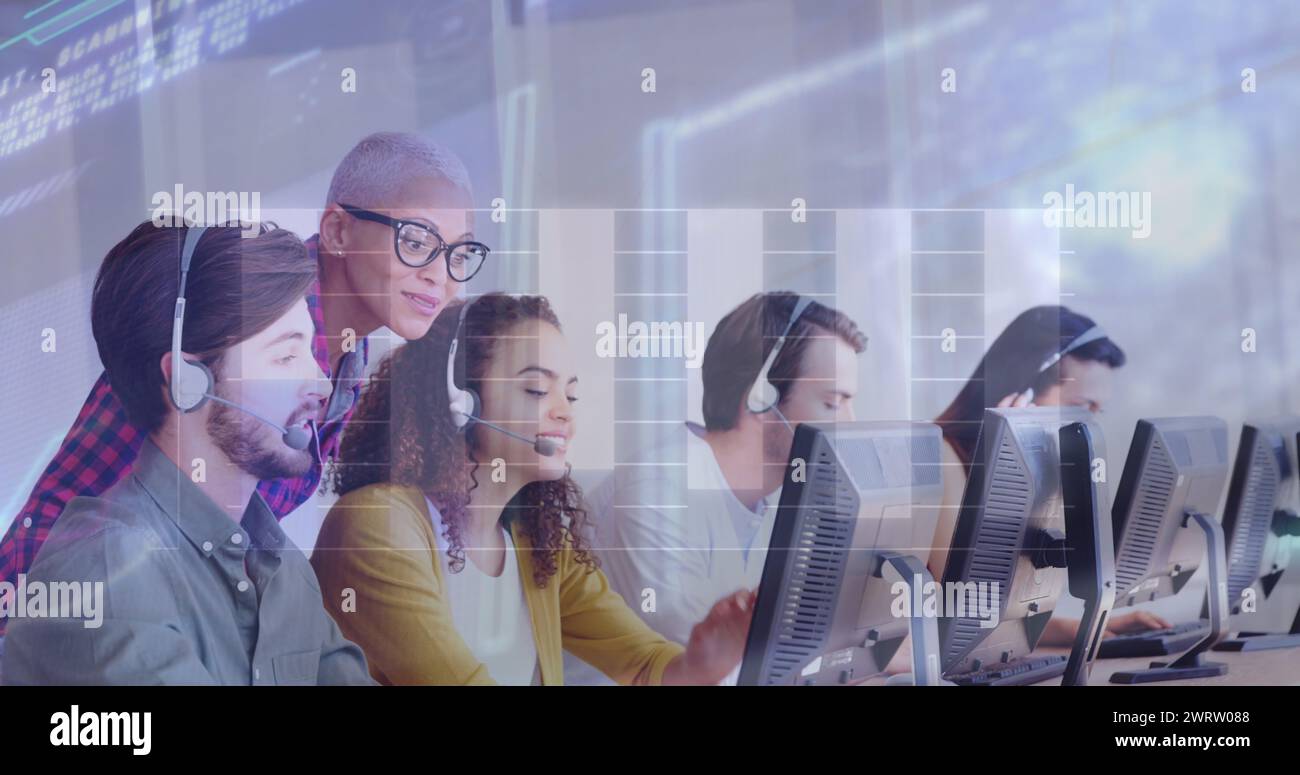 Image of financial graphs and data over diverse female and male call ...