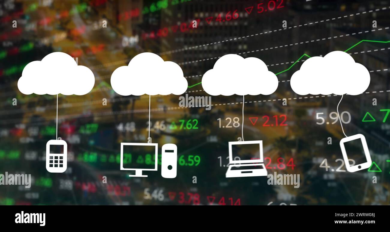 Image of clouds with icons over data processing and cityscape Stock Photo - Alamy
