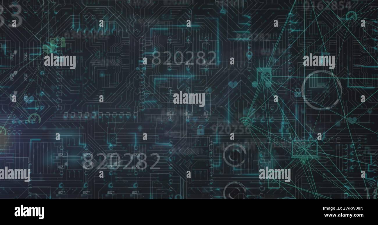 Image of network of connections and data processing over computer circuit board. Global ...