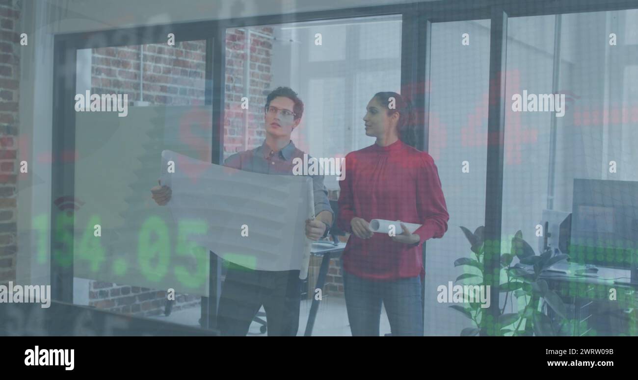 Image Of Stock Market Data Processing Over Diverse Male And Female Office Colleagues Discussing