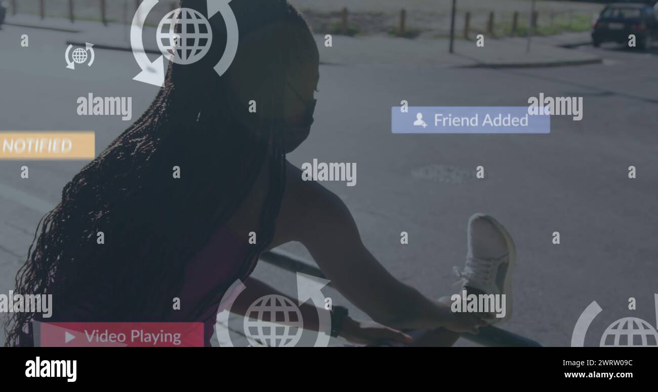 Image of web globe and social media icons over african american fit ...