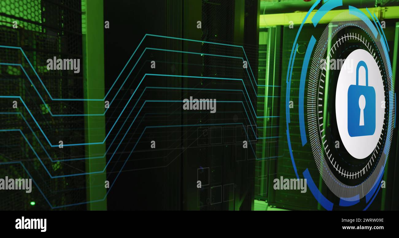 Image of data processing with padlock icon over server room Stock Photo - Alamy