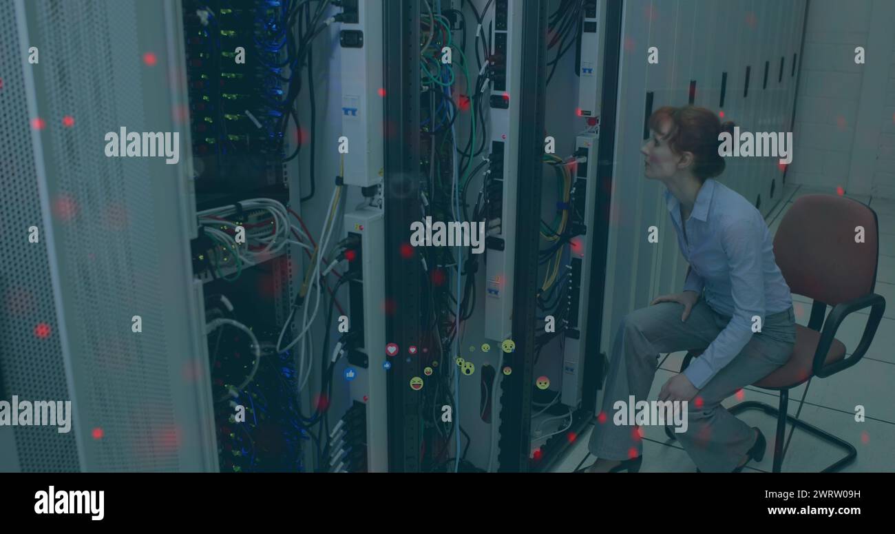Image of media icons over caucasian female worker in server room Stock ...