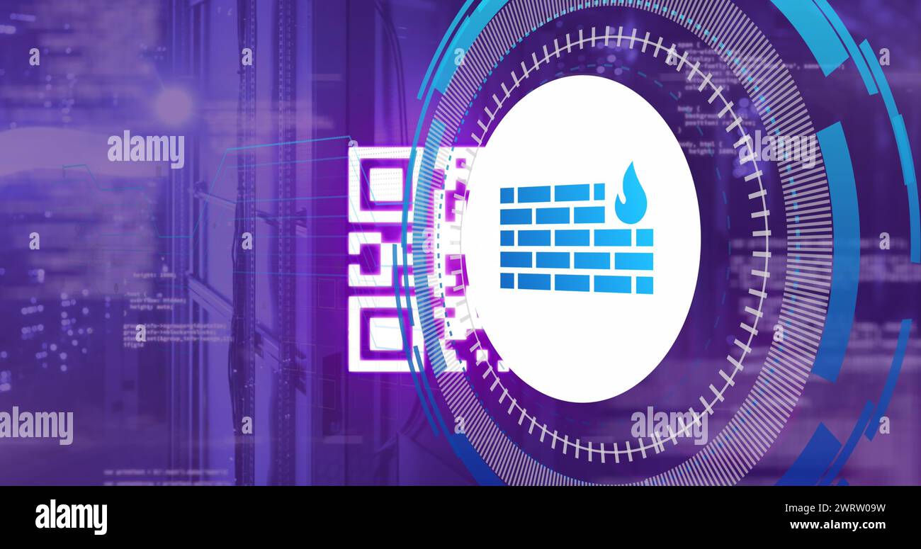 Image of data processing with wall icon and qr code over server room Stock Photo - Alamy