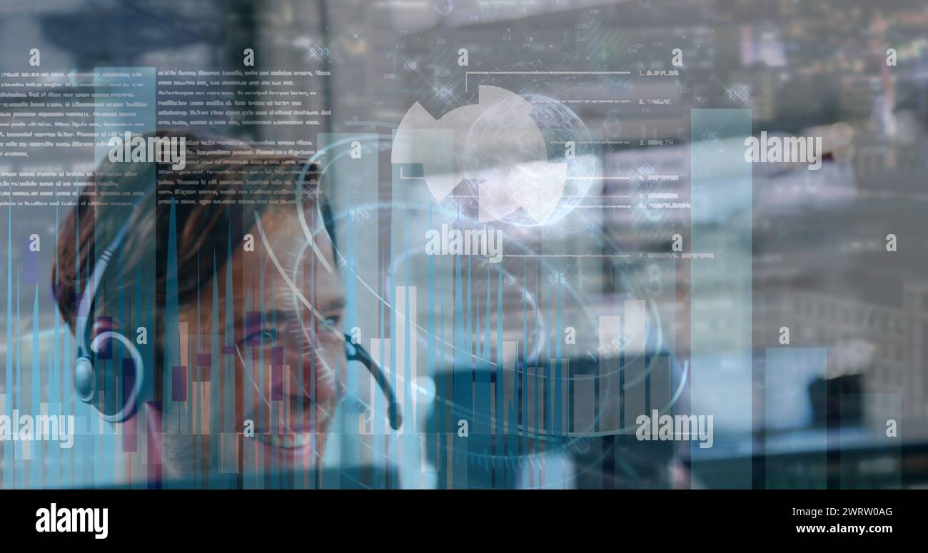 Image of financial graphs and data over happy caucasian male call ...