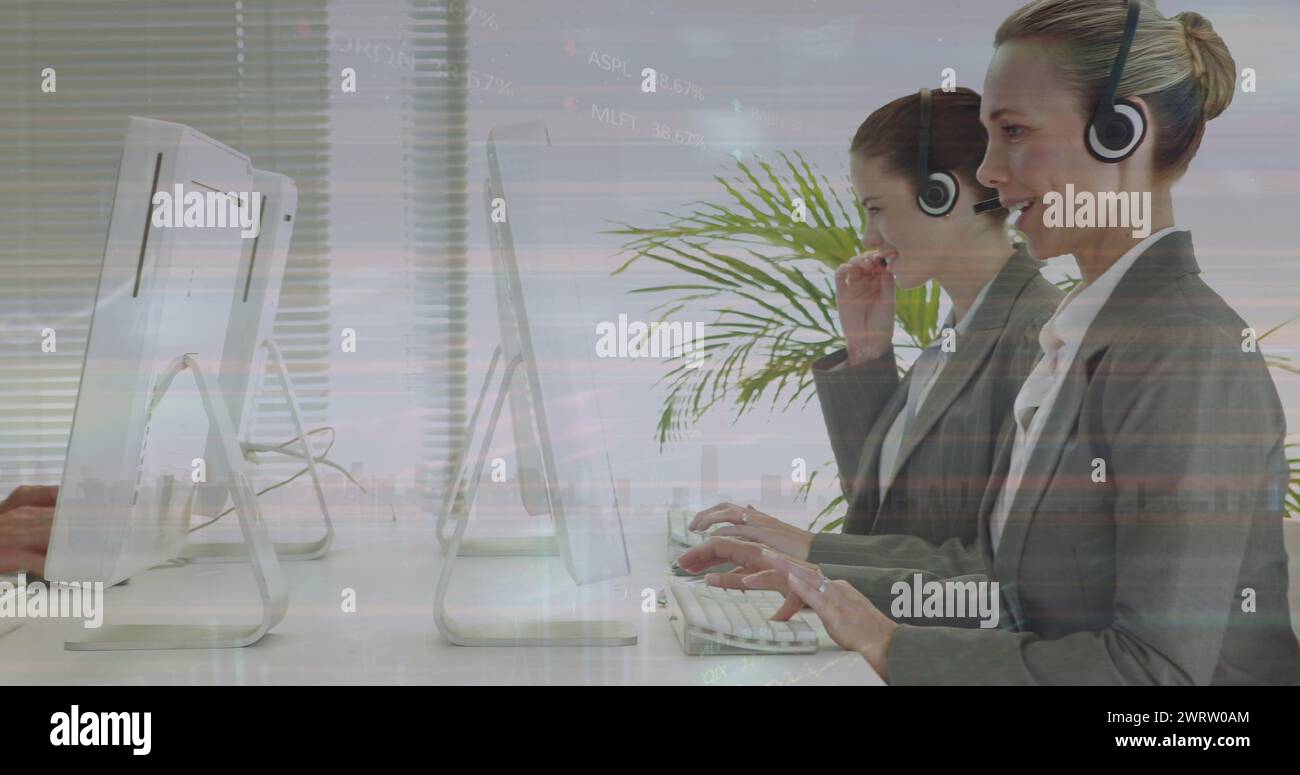 Image of scanning, virus warning over caucasian female and male call ...