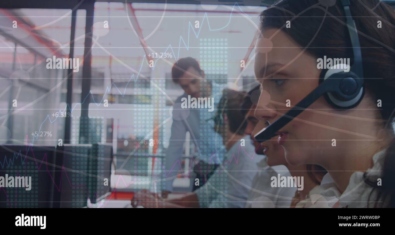 Image of connections over diverse female and male call center workers ...