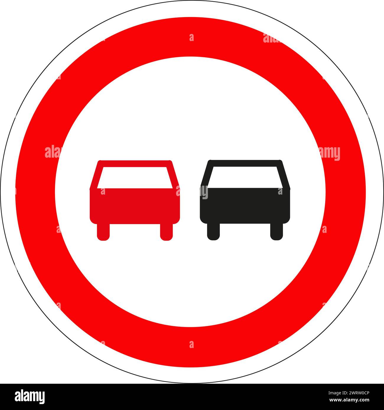 Round road sign with white background and red surround: No overtaking ...