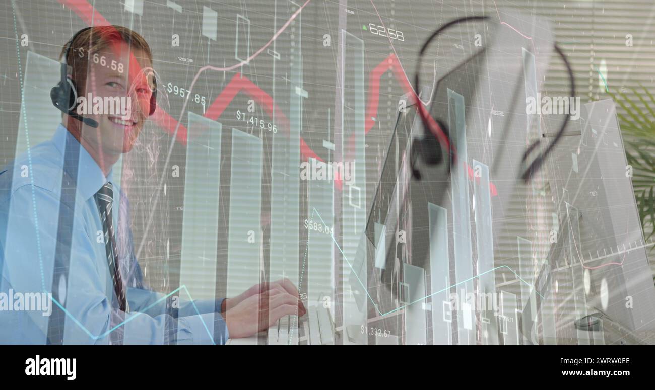 Image of financial graphs and data over caucasian male call center ...