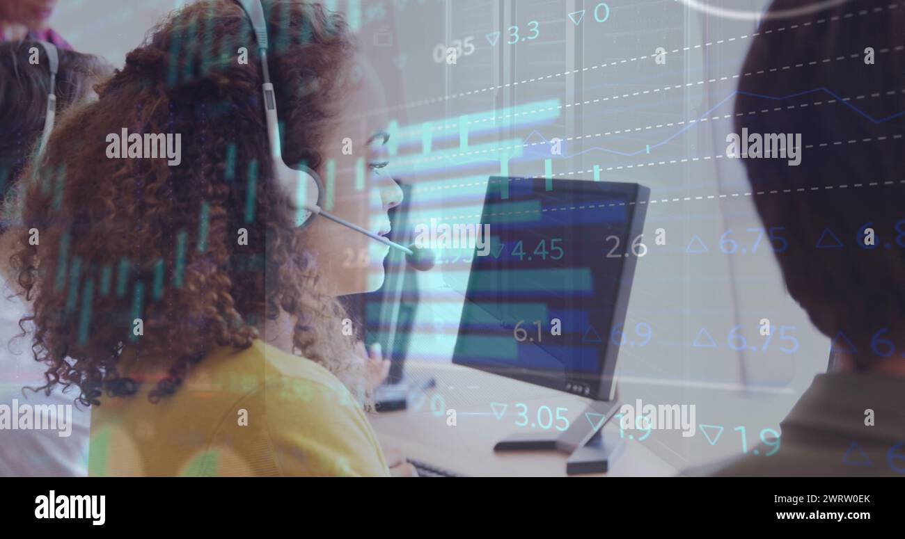 Image of financial graphs and data over happy biracial female call ...