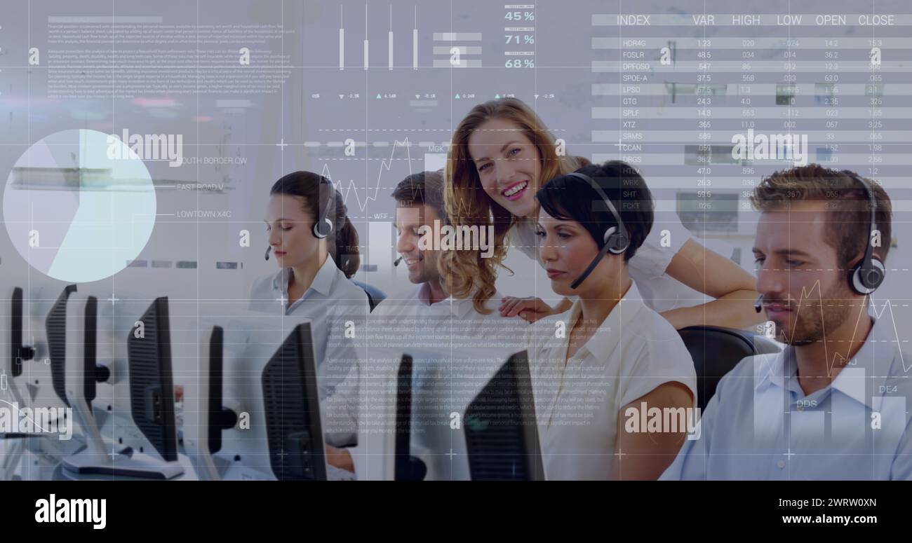 Image of financial graphs and data over diverse female and male call ...