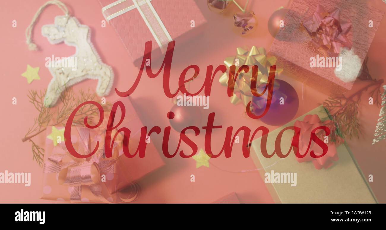 Image of christmas greetings text over christmas presents and ...