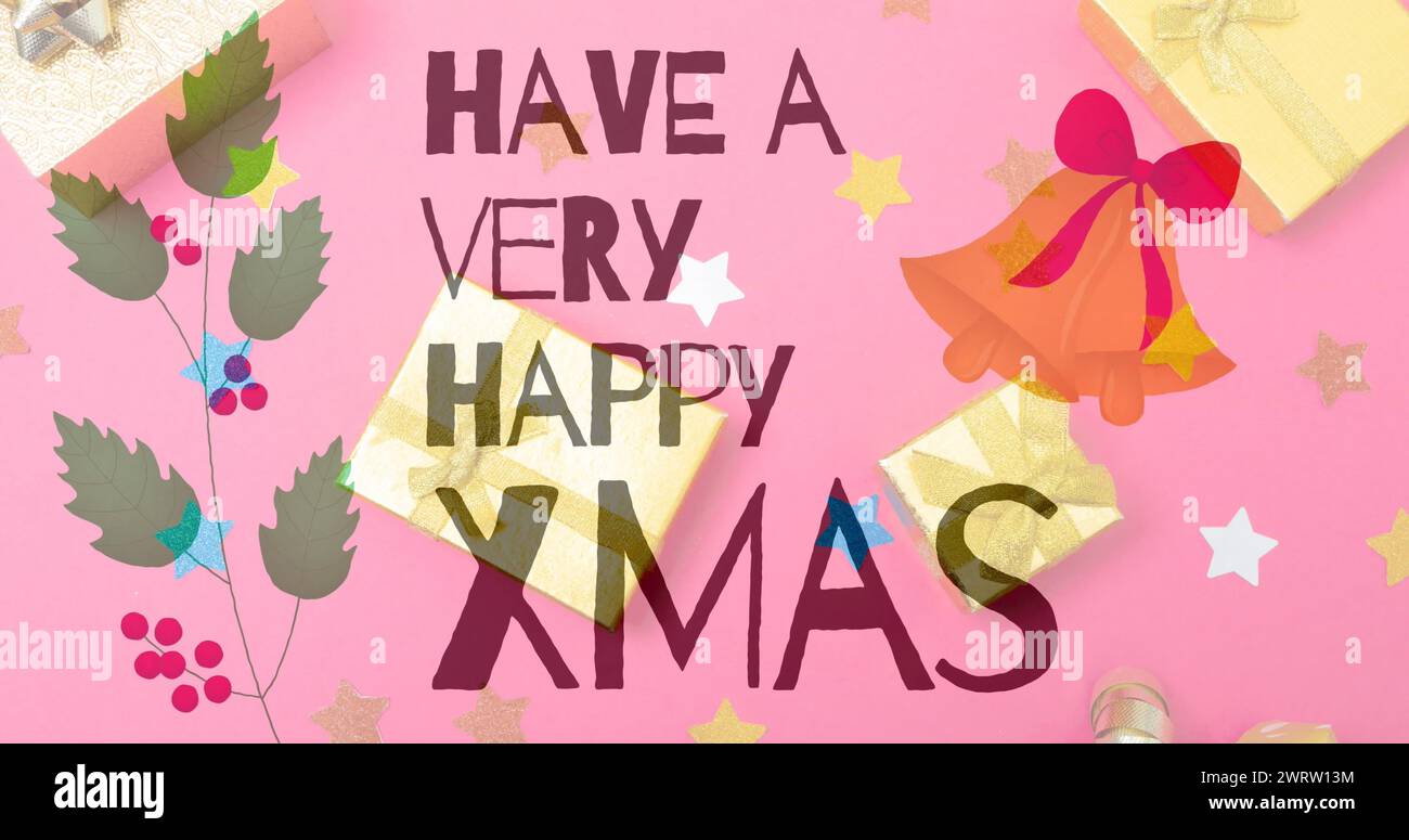 Image of christmas greetings text over christmas presents and ...