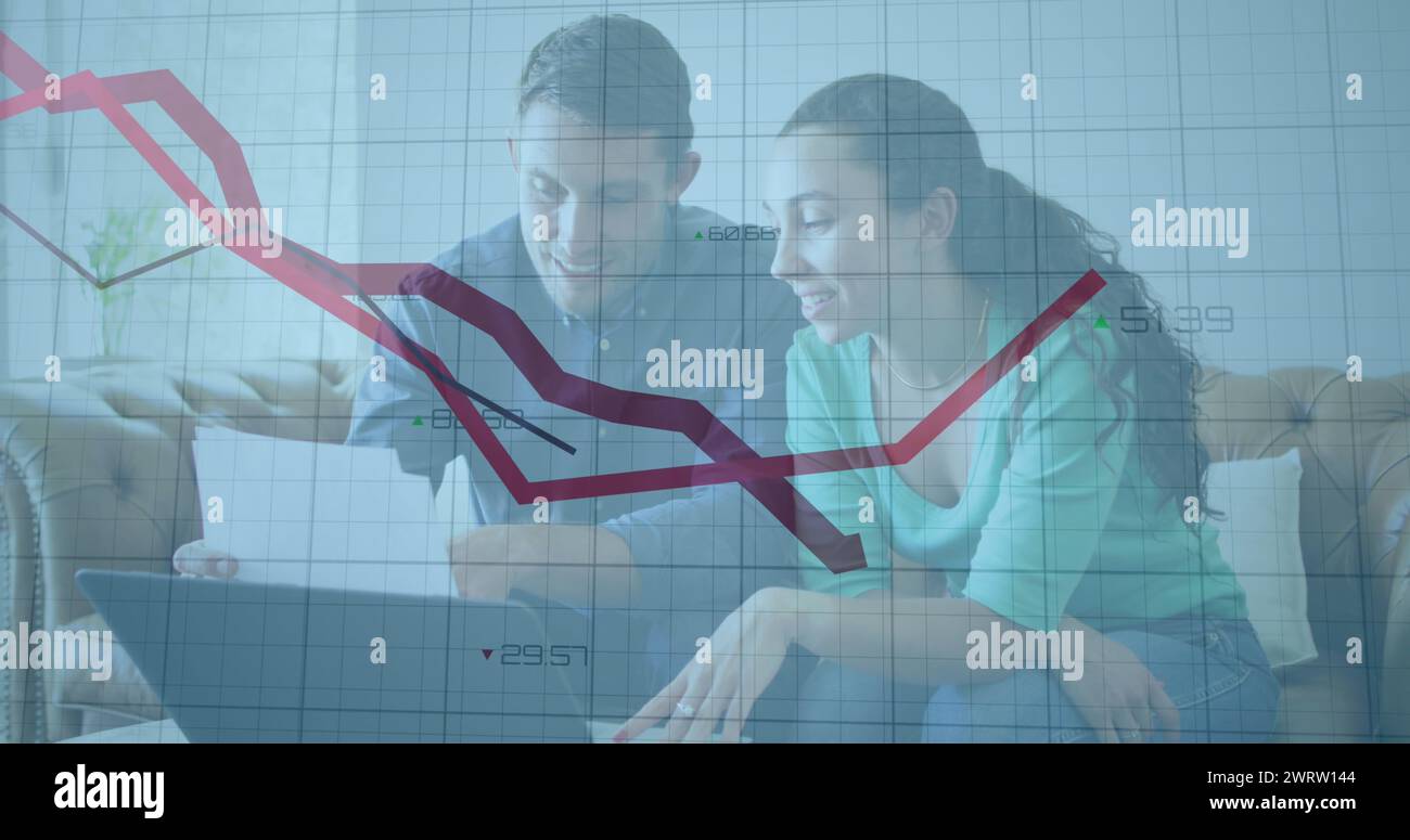 Image of financial data processing with red lines and statistics over ...