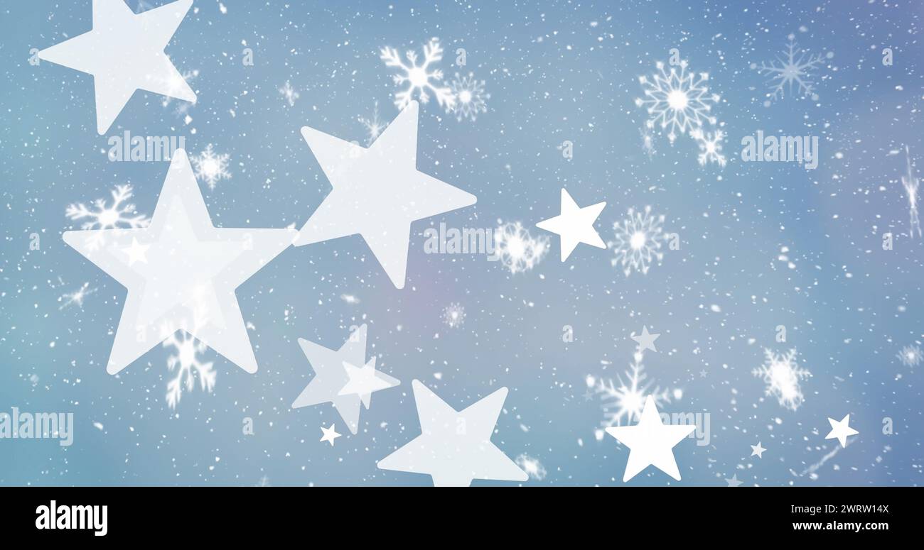 Image of snow and stars over blue background Stock Photo - Alamy