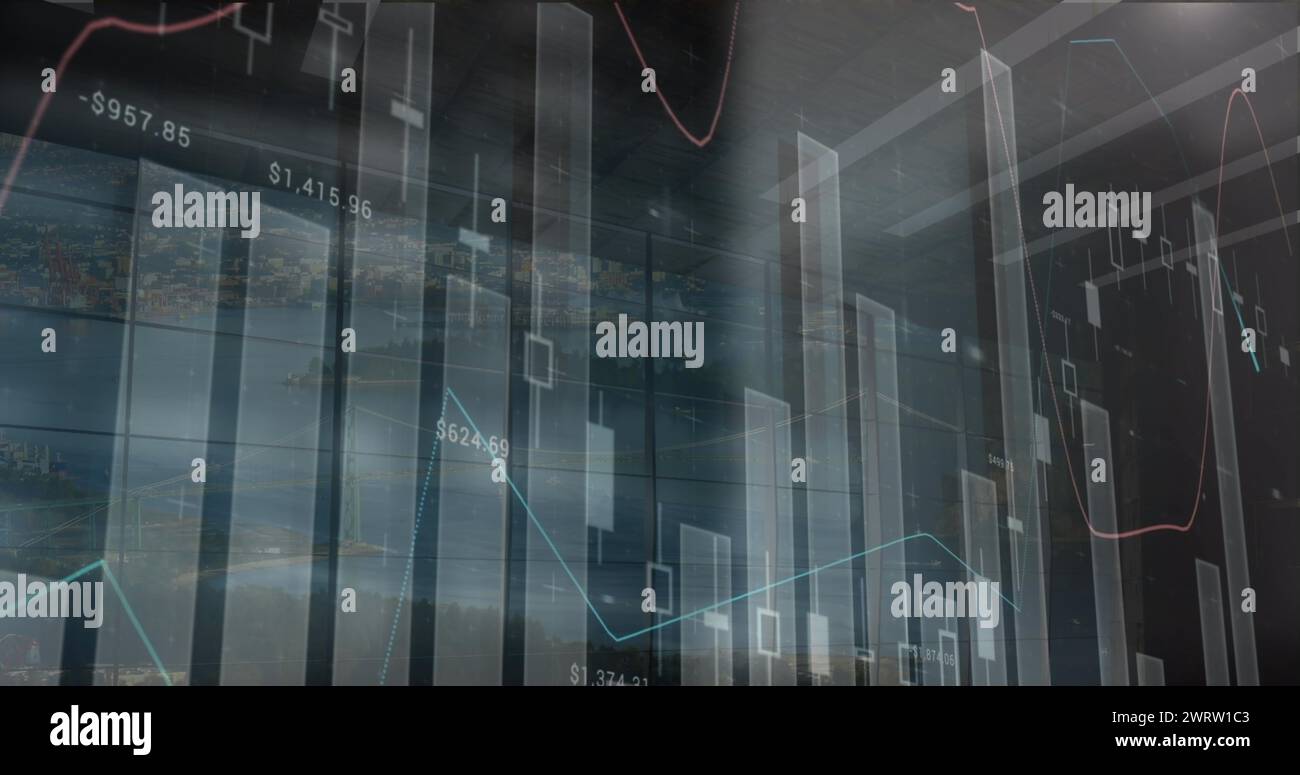 Image of statistical data processing over aerial view of cityscape from ...