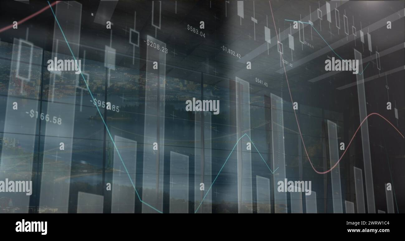 Image of statistical data processing over aerial view of cityscape from ...