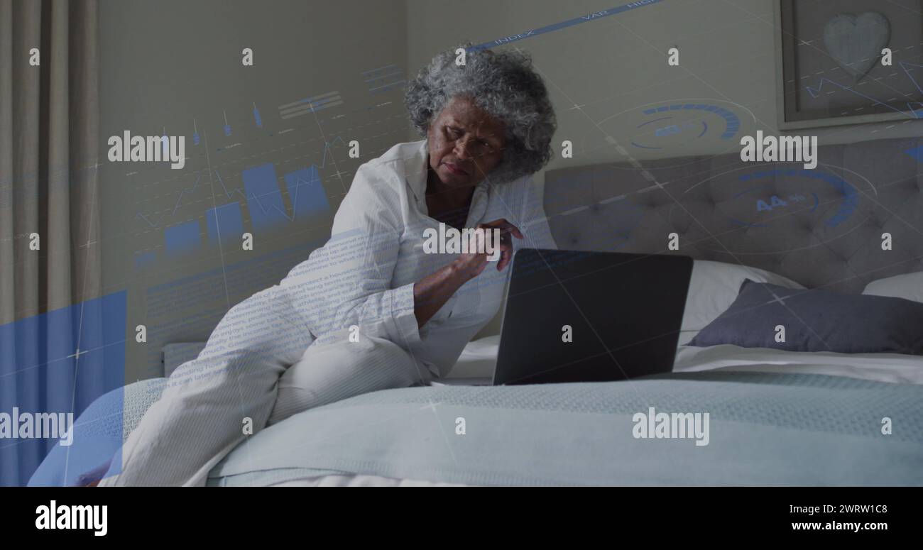 Image of data processing over senior african american woman using ...