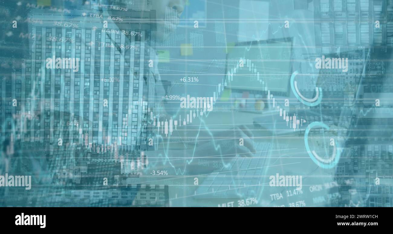 Image of financial data processing over african american businessman ...