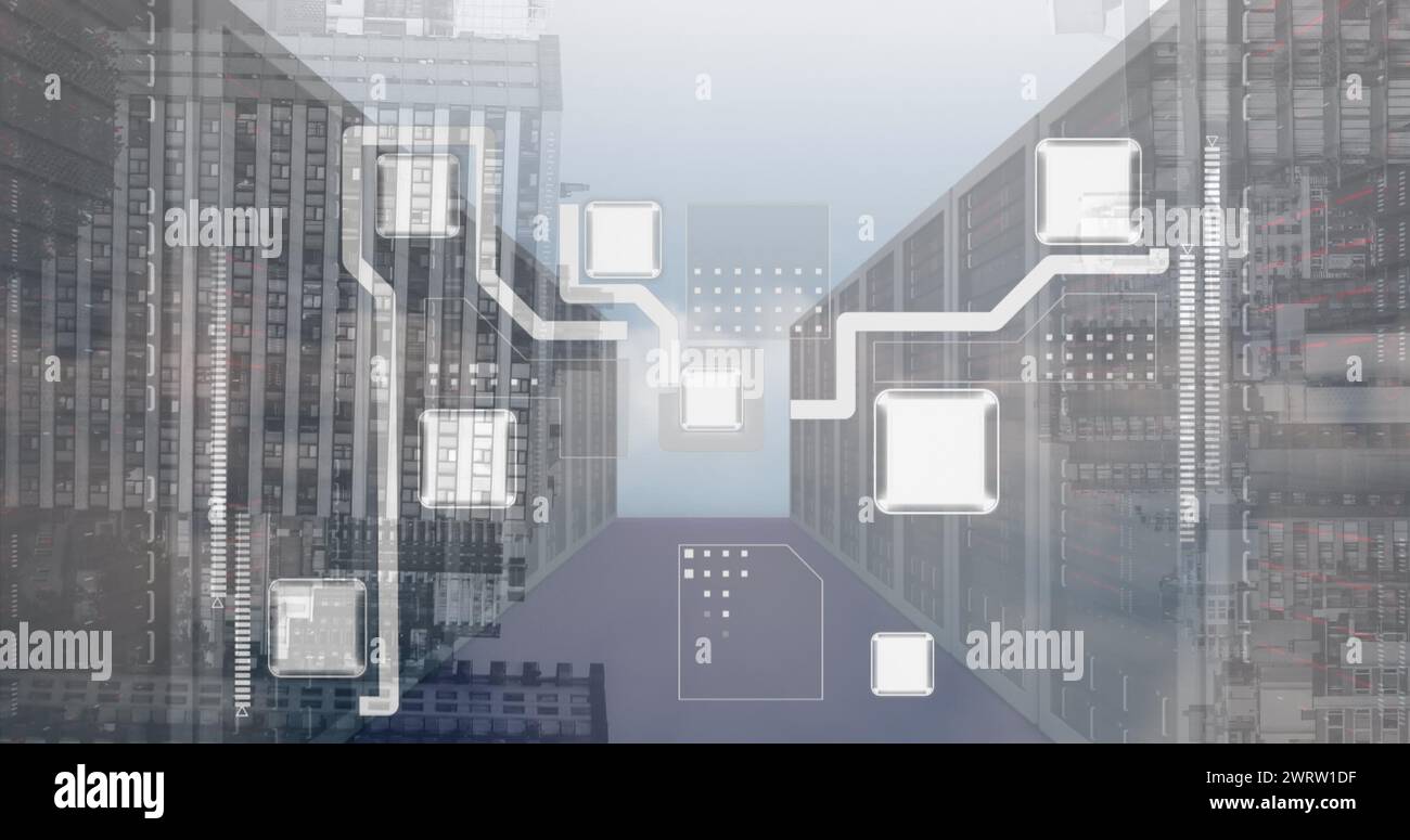 Image of network of connections over computer server room against tall ...