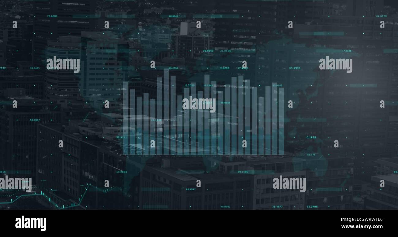 Image Of Statistical Data Processing Over World Map Against Aerial View