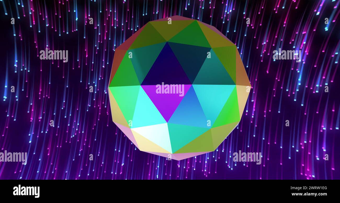 Image of 3d multicoloured shape over neon multi coloured light trails ...