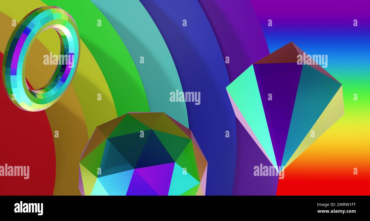 Image of 3d multicoloured shapes over rainbow background Stock Photo ...