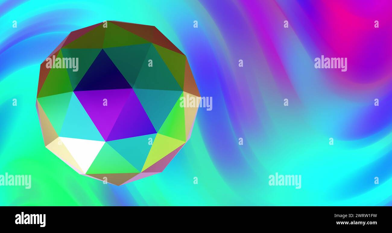 Image of 3d multicoloured shape over neon multi coloured background ...