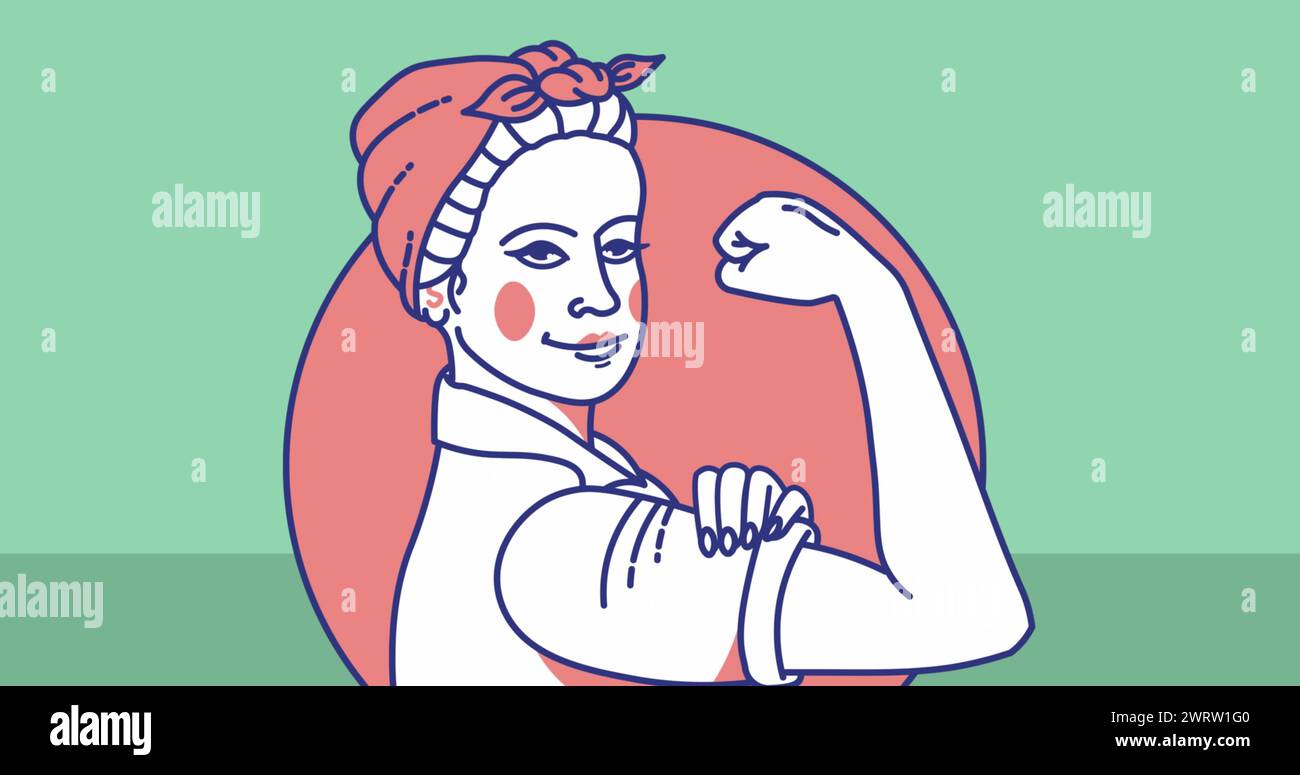 Image of woman showing muscle icon on green background Stock Photo - Alamy