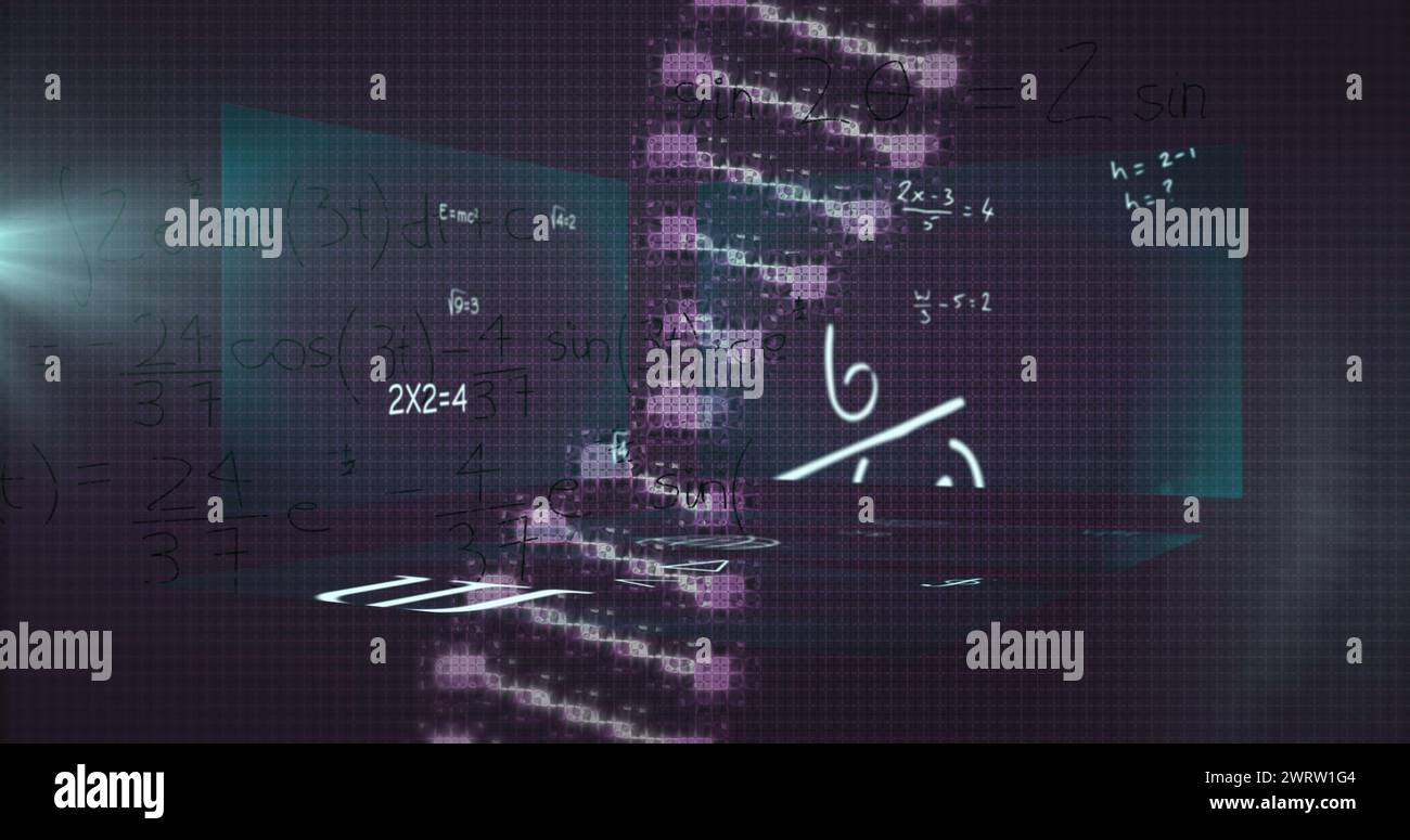 Image of dna helix, lens flare and mathematical equations against ...