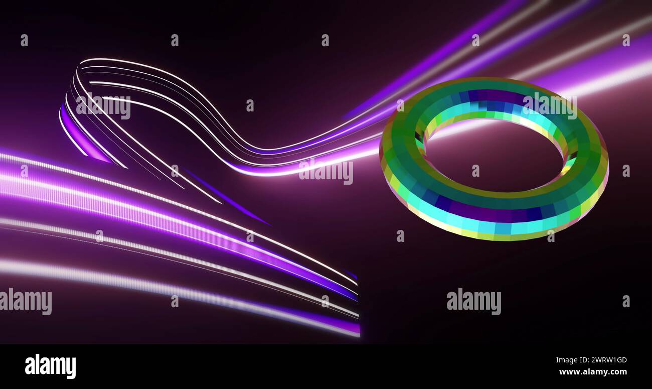 Image of 3d multicoloured shape over neon purple light trails on black ...
