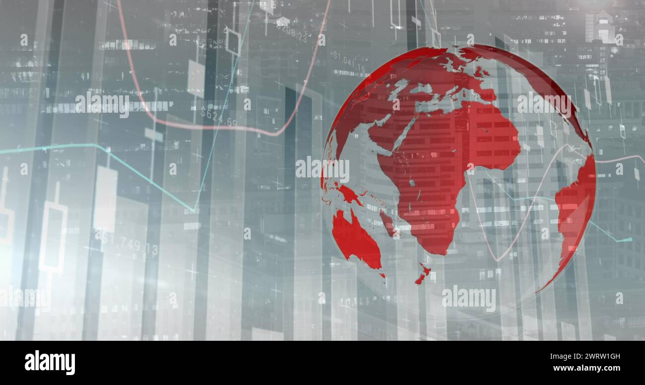 Image of statistical data processing and spinning globe over view of cityscape at night Stock ...