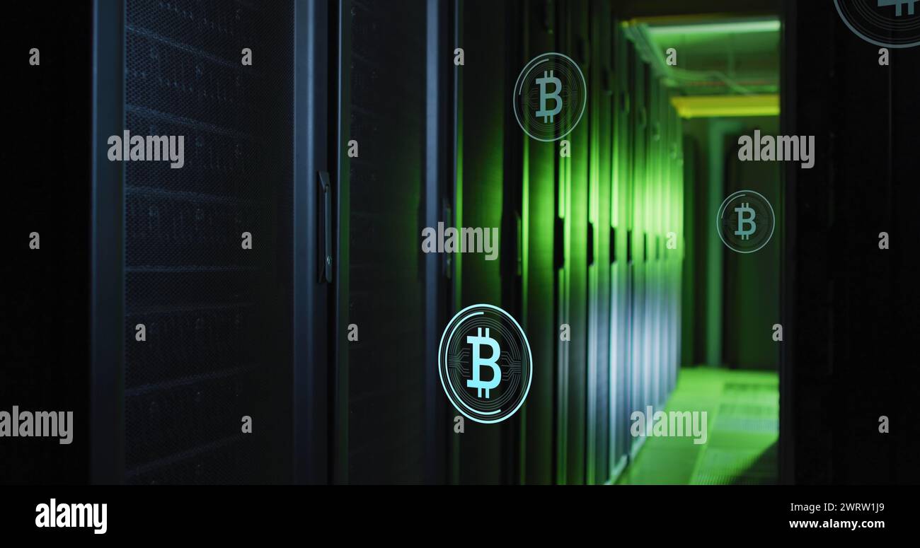 Image of multiple bitcoin symbols floating against computer server room ...