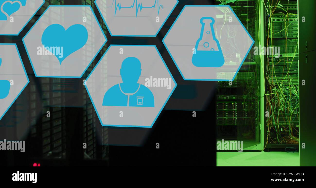 Image of multiple medical icons against computer server room Stock ...